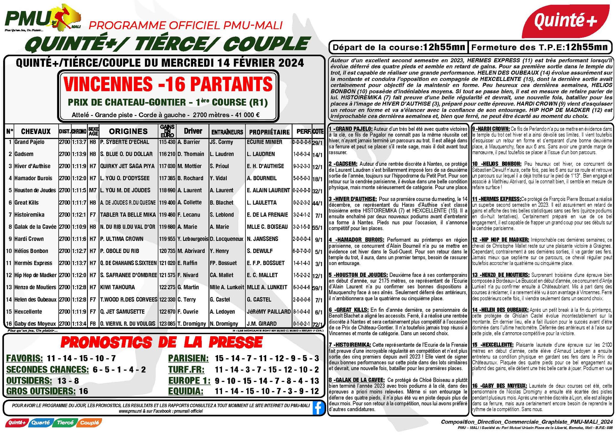 LES DETAILS, JOURNAUX DU PMU MALI DU JOUR 14-02-2024